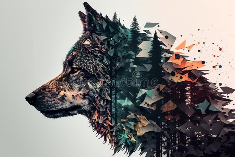 Generative AI Illustration of a Double Exposure of a Head of Wolf and ...