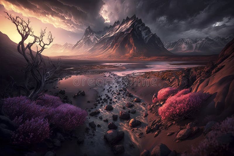 Generative AI Illustration Moody Epic Landscape of River Flowing ...