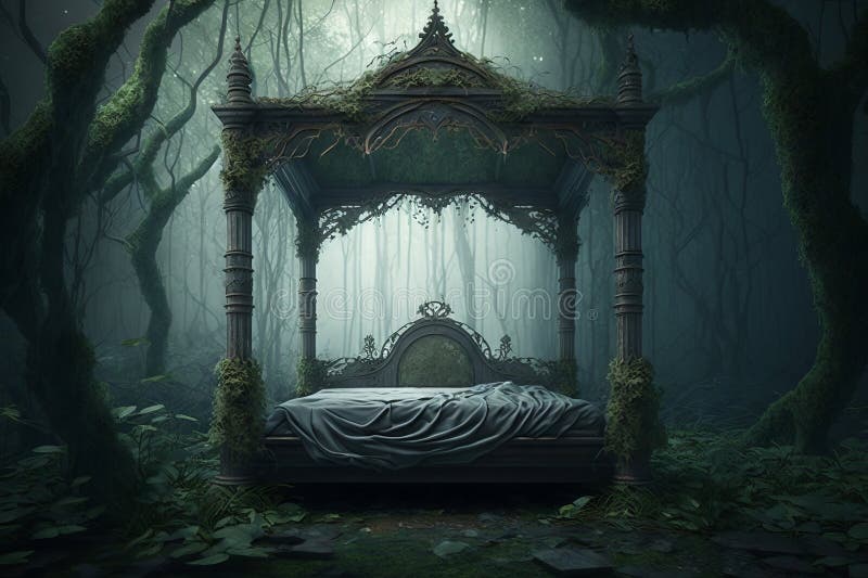 Generative AI Illustration of a Fantasy Bed in a Dark Forest with a ...