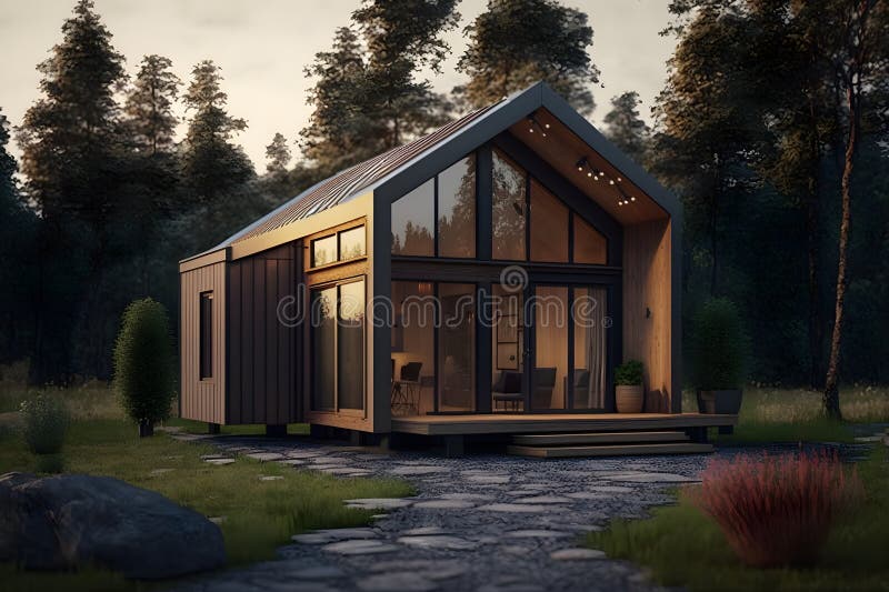 Generative AI Illustration. Front View of Modern Wooden Cabin with ...