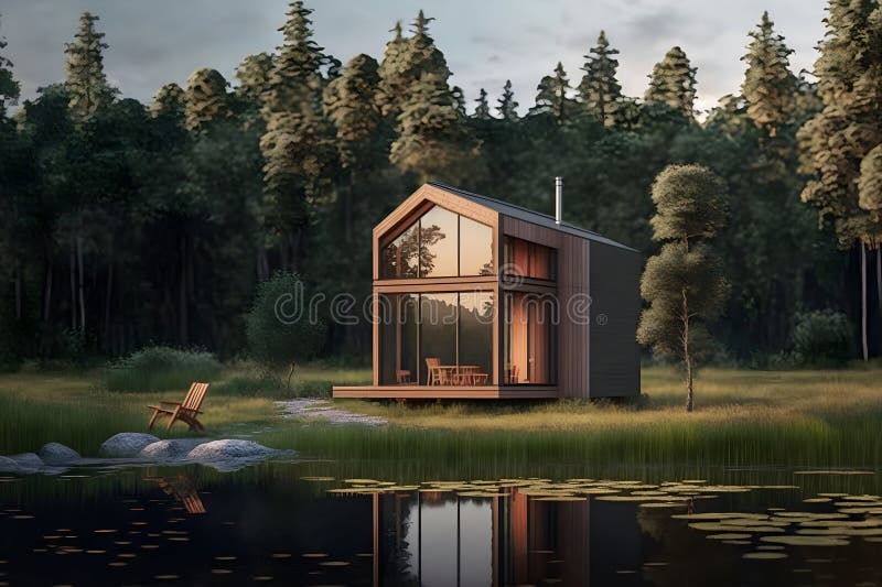 Generative AI Illustration. Front View of Modern Wooden Cabin with ...