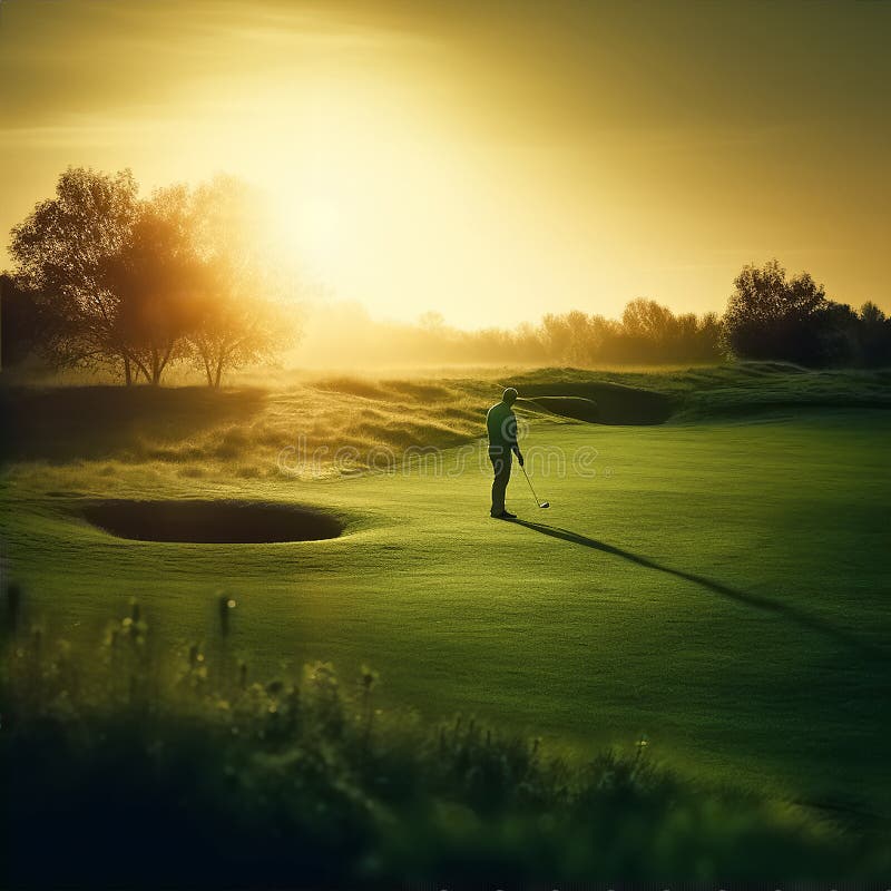 Generative Ai Illustration of a Golf Player on Sunset Stock ...