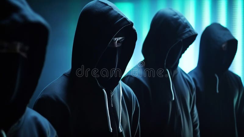Generative AI Illustration of a Group of Anonymous Hackers in a Black ...