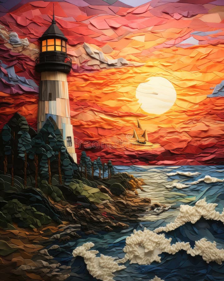 Generative Ai Illustration of Lighthouse at Sunset Fiber Art Stock ...