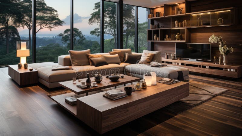 Generative Ai Illustration of Living Room with Step and Large Windows ...