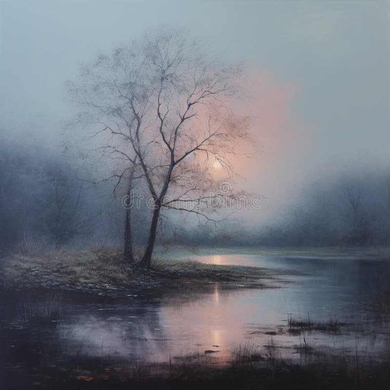 Generative Ai Illustration. Misty Tree Landscape Stock Image - Image of ...