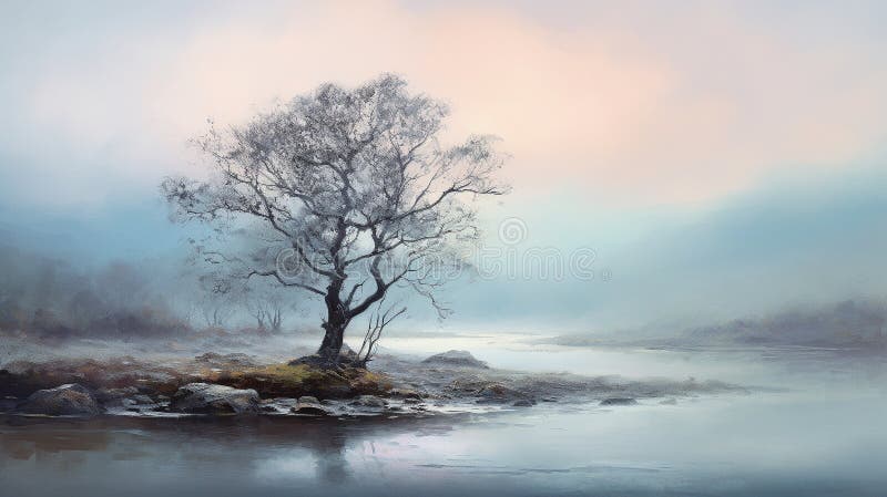 Generative Ai Illustration. Misty Tree Landscape Stock Illustration ...