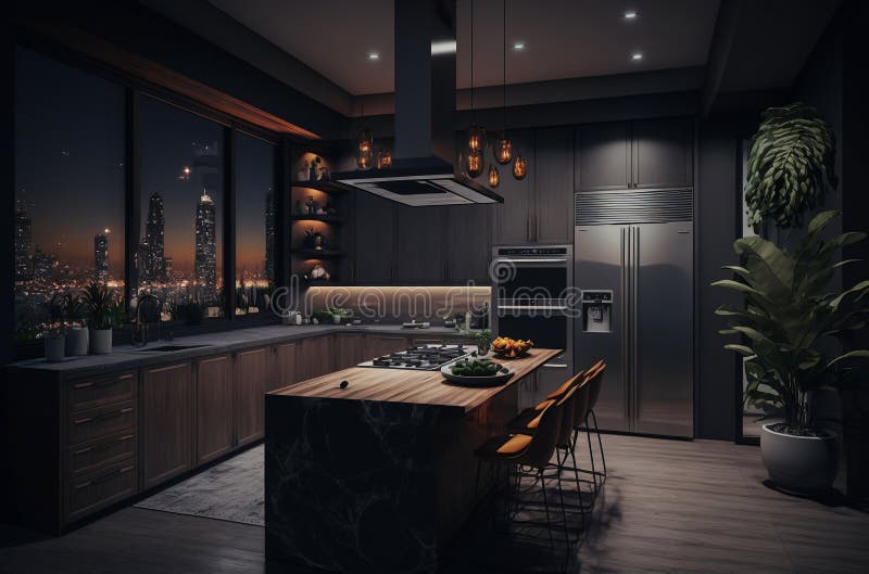 Generative AI Illustration of Modern Kitchen Stock Illustration ...