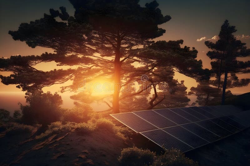 Generative AI. Modern Solar Farm Panoramic at Sunset on a Summers Day ...