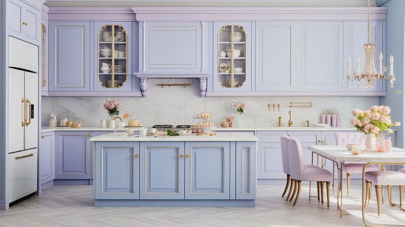 Purple Colored Kitchen Interior with a Table and Chairs Stock Photo ...