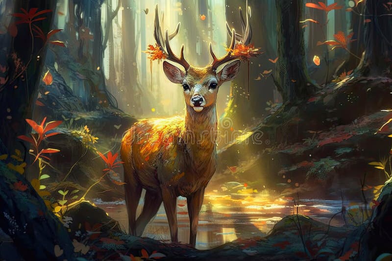 Generative AI Illustration. Realistic Beautiful Deer in a Magical ...