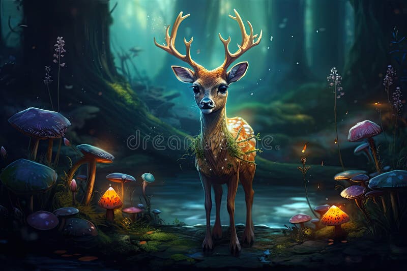 Generative AI Illustration. Realistic Beautiful Deer in a Magical ...