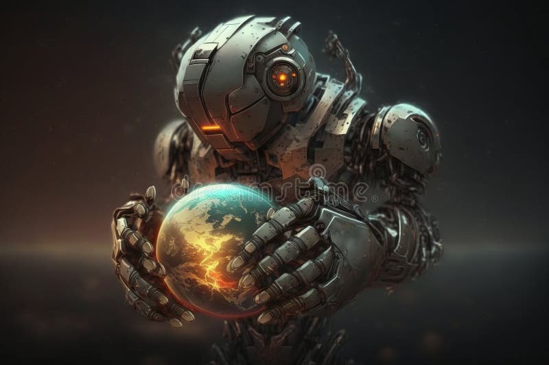Robot Keeps the Earth. Planet in Hands at High Technology. Conceptual ...