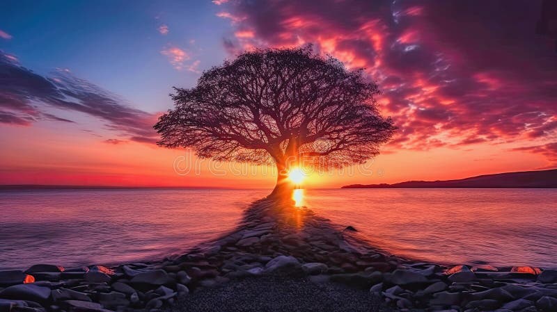 Beautiful Sunset with a Tree in Front at the Edge of an Ocean ...