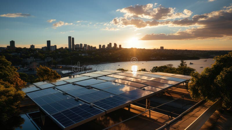 Generative Ai Illustration of Solar Panels with a City Skyline Stock ...