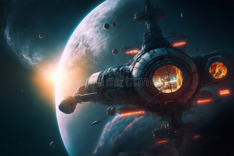 Generative AI Illustration of Space Station Exploring Outer Space Stock ...