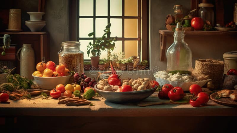 Generative Ai Illustration of Vintage Italian Kitchen Scene Stock ...
