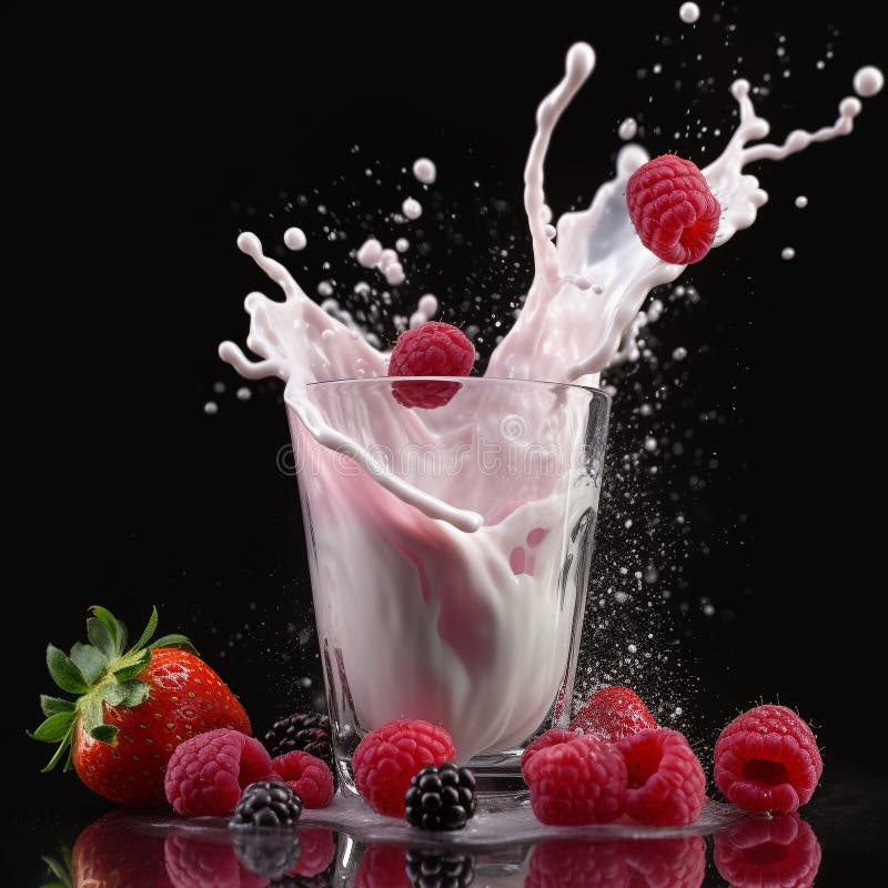 Generative AI Illustrations, Milk Splash with Blueberry, Strawberry ...
