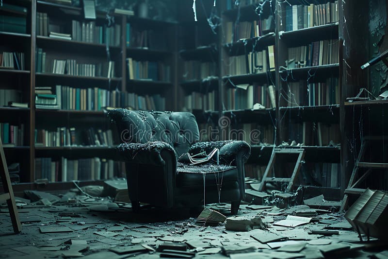 Generative AI Image of Abandoned Library Room with Dust and Damage ...