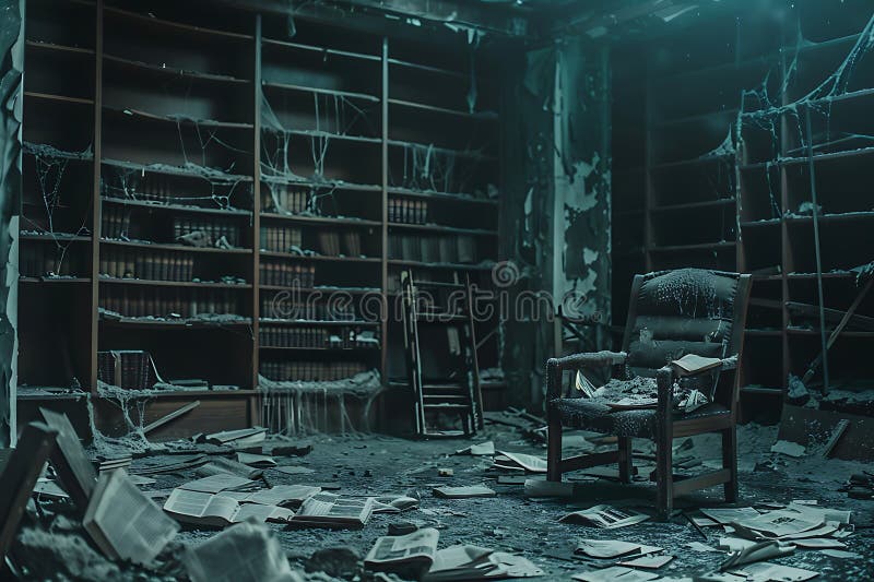 Generative AI Image of Abandoned Library Room with Dust and Damage ...