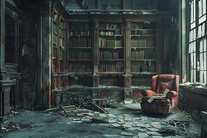 Generative AI Image of Abandoned Library Room with Dust and Damage ...
