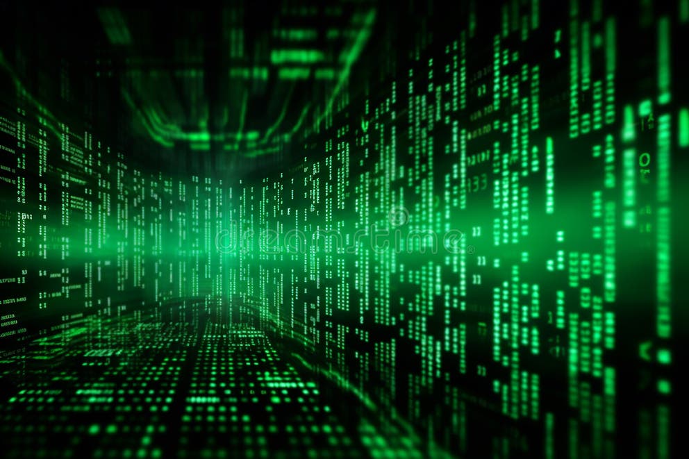 Generative AI Image of Abstract Technology Background with Green Binary Matrix Data on Computer ...