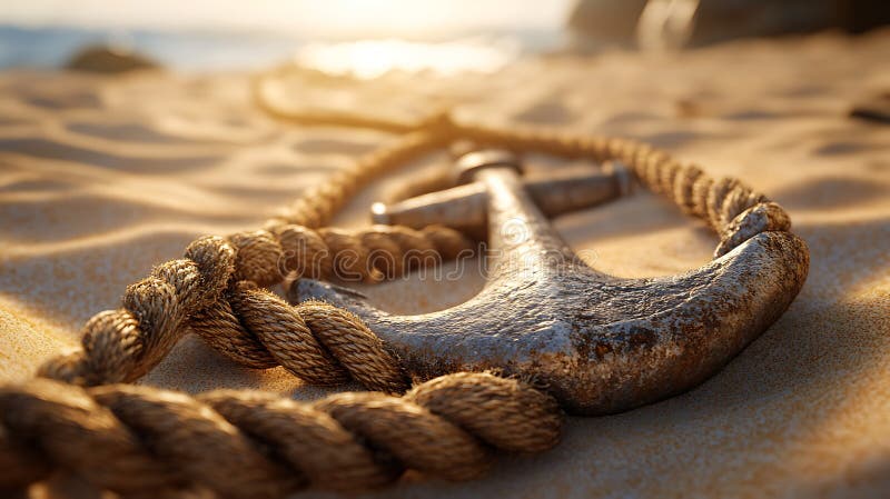 Generative AI Image of Ancient Anchor and Nautical Rope with Beach Sand ...