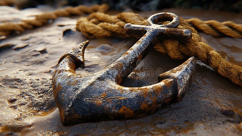 Generative AI Image of Ancient Anchor and Nautical Rope with Beach Sand ...