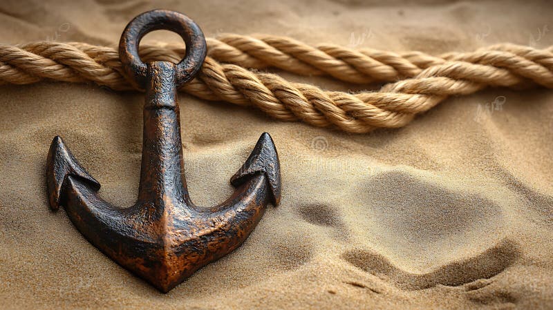 Generative AI Image of Ancient Anchor and Nautical Rope with Beach Sand ...