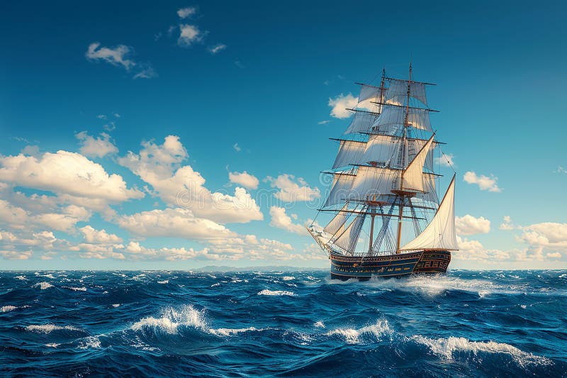 Generative AI Image of Ancient Boat Sailing in Ocean with Blue Water ...