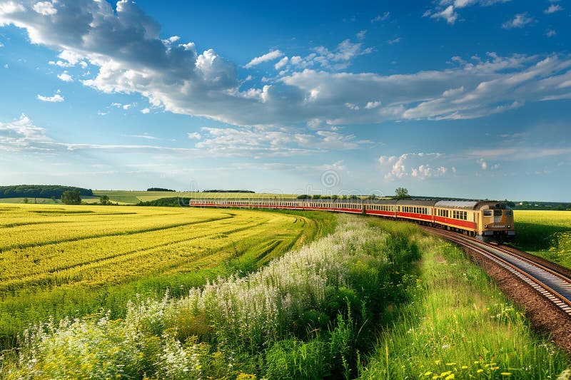 Generative AI Image of Ancient Train Passing Railway Track with Rice ...