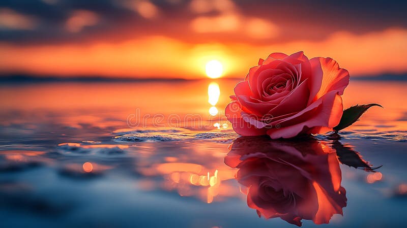 Generative AI Image of Beautiful Pink Rose Flower on the Sea at Sunset ...