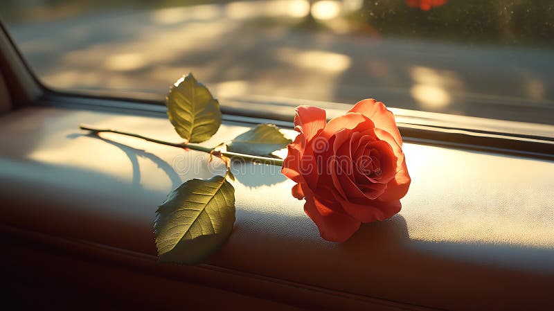 Generative AI Image of Beautiful Red Rose Flower on Car with Window at ...