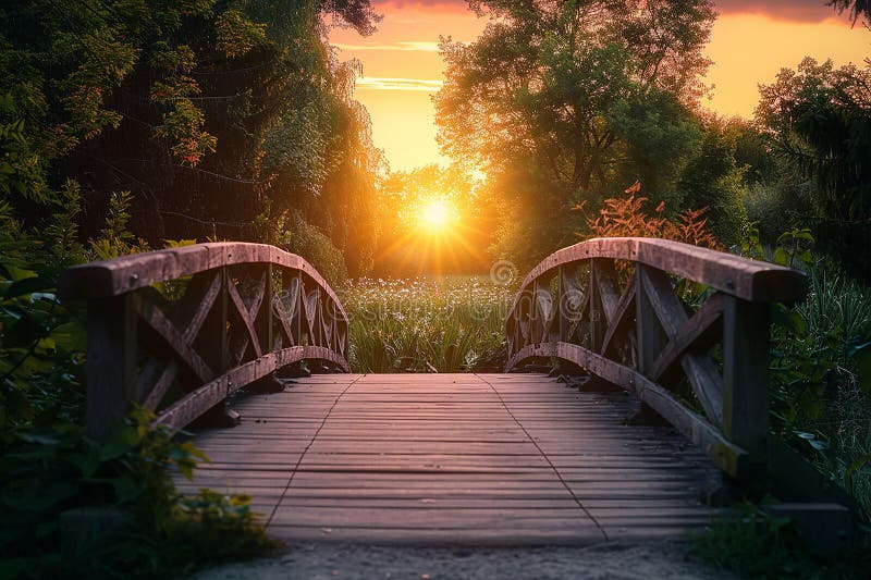 Generative AI Image of Beautiful View of Wooden Bridge with Green Grass ...