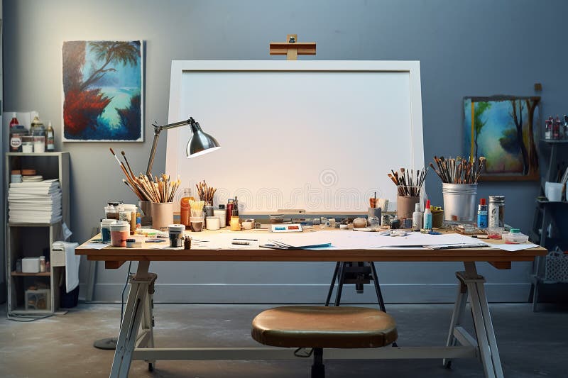 Generative AI Image of Blank White Frame with Painting Tools on Wooden ...