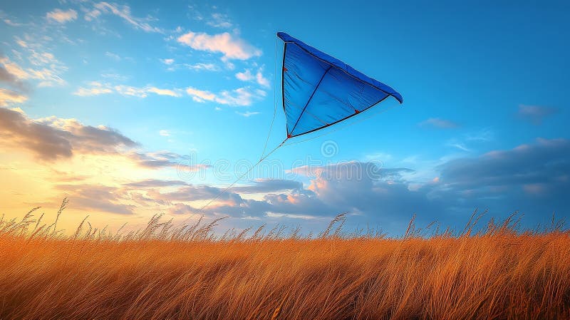 Generative AI Image of Blue Kite Flying Over Field Landscape in Morning ...