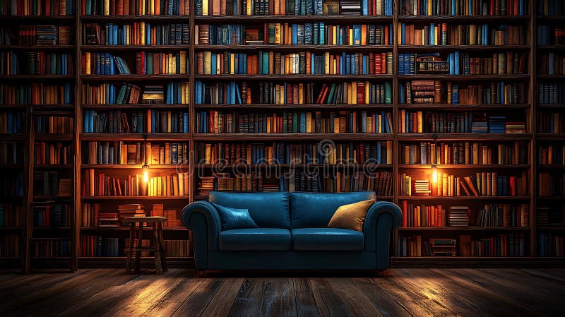 Generative AI Image of Blue Sofa in Library Room with Bookshelf and Light Lamp Stock ...