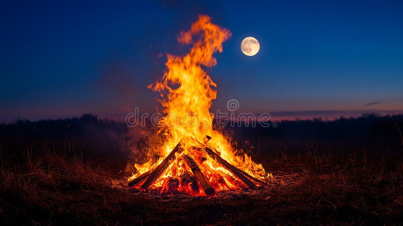 Generative AI Image of Bonfire Flame at Midnight with Beautiful Full ...