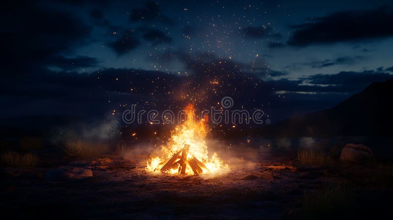 Generative AI Image of Bonfire Flame at Midnight with Dark Night Sky ...
