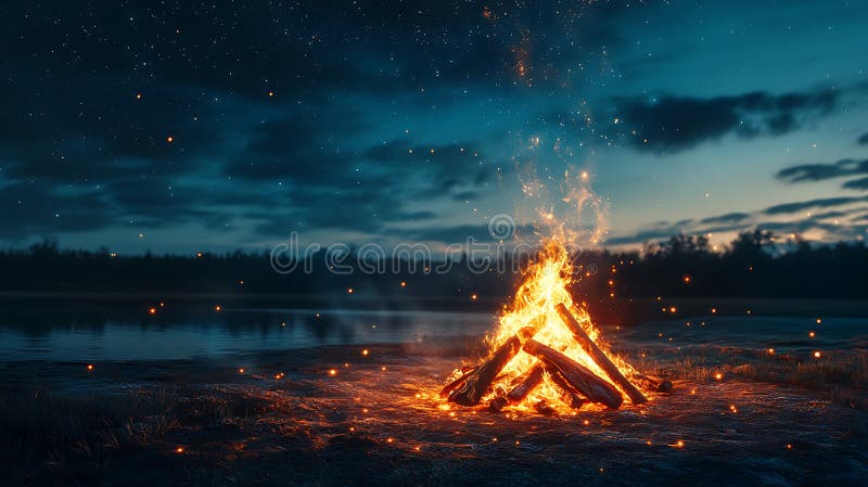 Generative AI Image of Bonfire Flame at Midnight with Sunset Sunrise ...