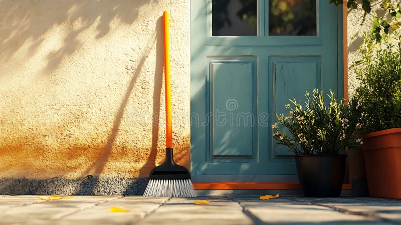 Generative AI Image of Broom Cleaning Tools on Front of Door Home House ...