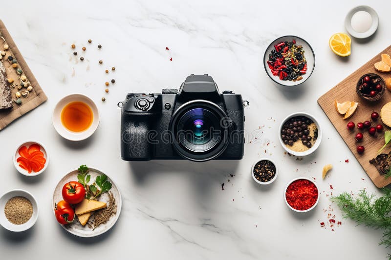 Generative AI Image of Camera with Food Ingredients on White Table ...