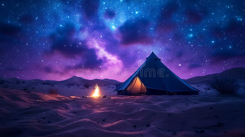 Generative AI Image of Camping Tent in Desert Landscape with Bonfire at Night Stock Illustration ...