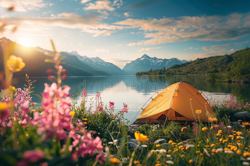 Generative AI Image of Camping Tent by the Lake with Flowering Plants ...