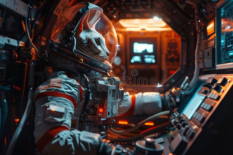 Generative AI Image of Cat Animal As Astronaut Operating the Machine ...