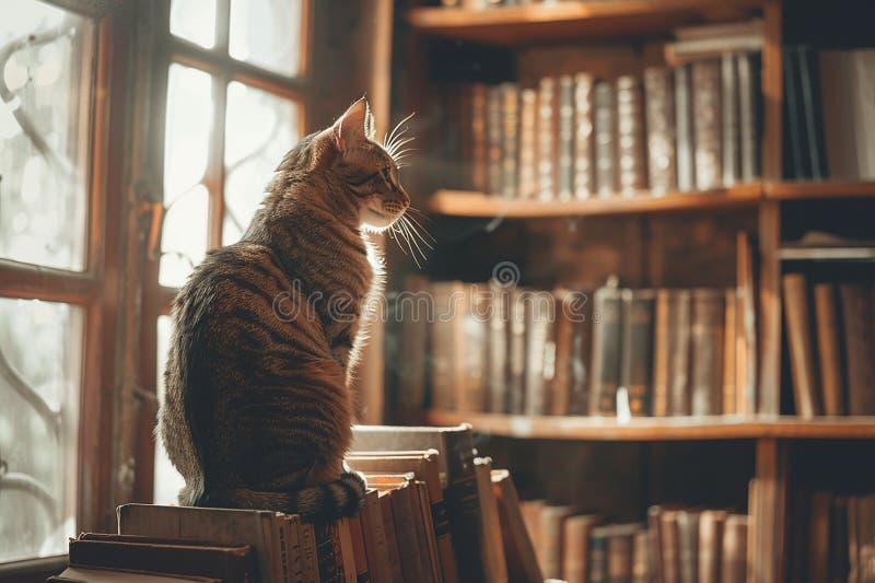 Generative AI Image of Cat Sitting on Old Books in Library Near the ...