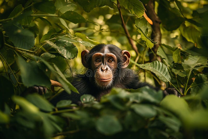 Generative AI Image of Chimpanzee Monkey Animal Hiding in Tree Leaves ...