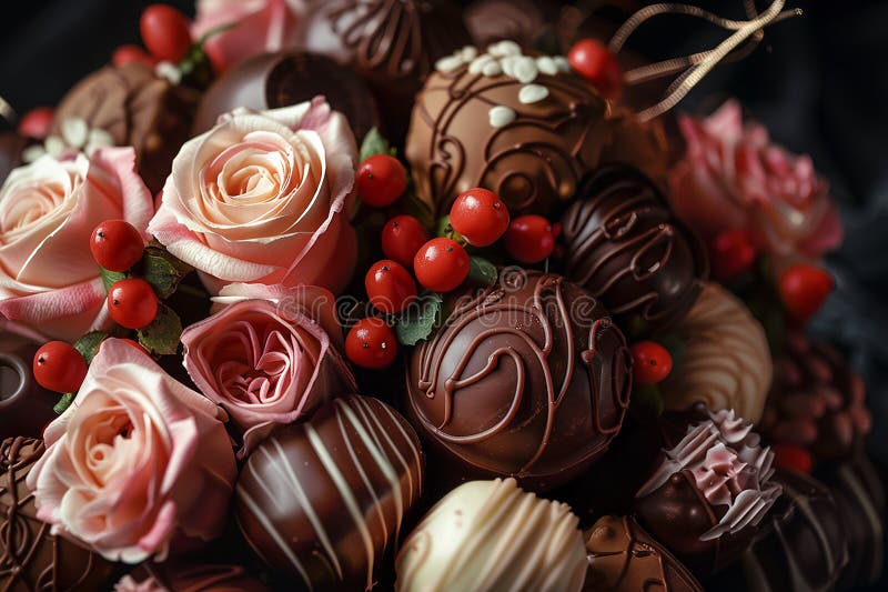 Generative AI Image of Chocolate Candy Bouquet Gift with Pink Rose ...