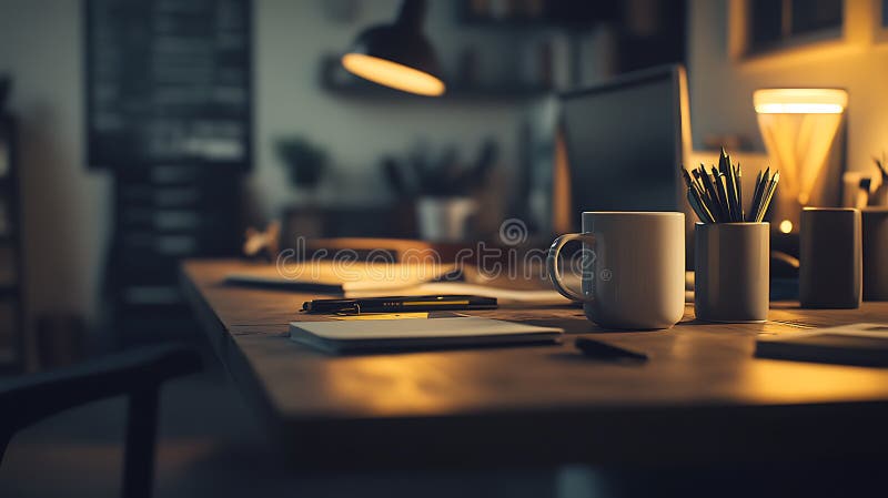 Generative AI Image of Clean Workspace Table with Mug and Tasks Lamp at ...