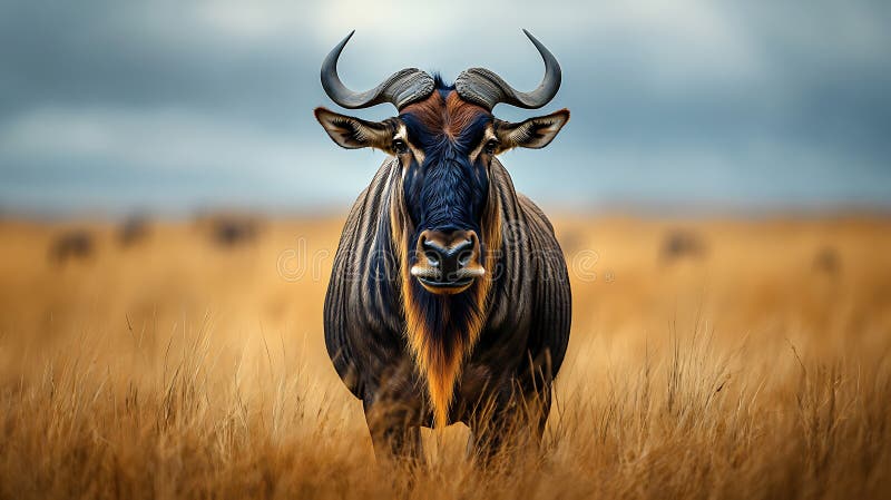 Generative AI Image of Close Up Wildebeests Face with Savanna ...